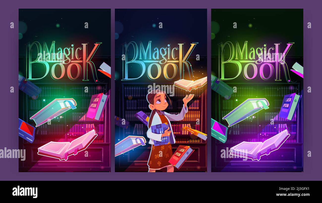 Magic book cartoon posters, young girl in night library or reader club ...
