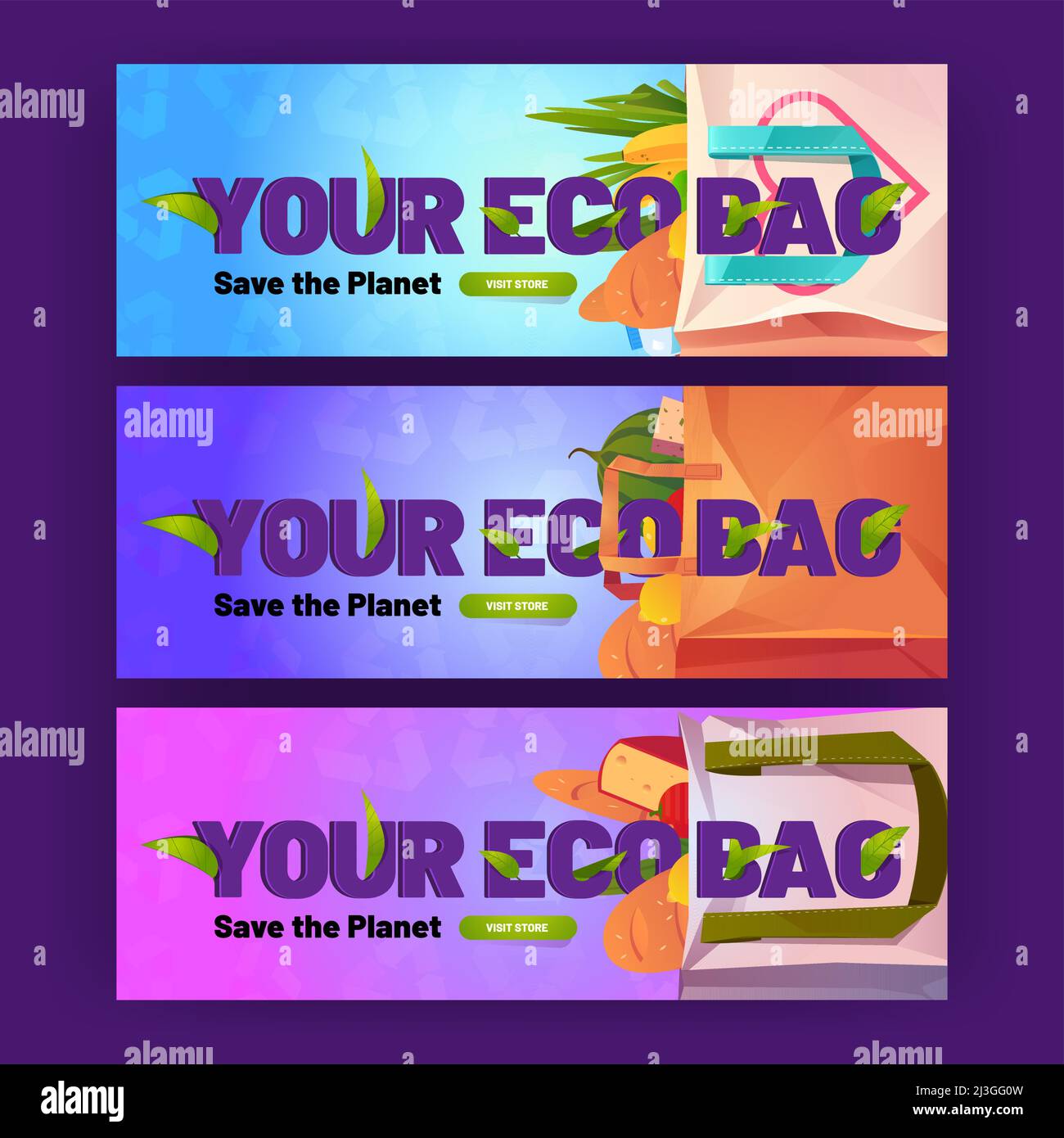 Your eco bag cartoon banners. Paper and cotton shopping packs with ...