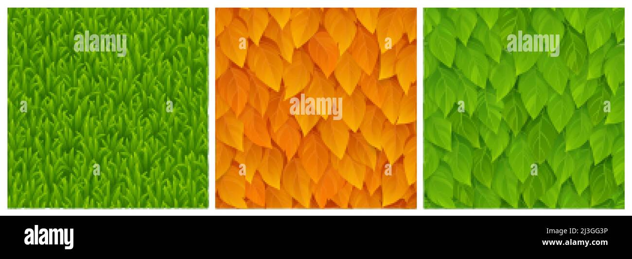 Textures of grass, green and orange tree leaves for game background ...
