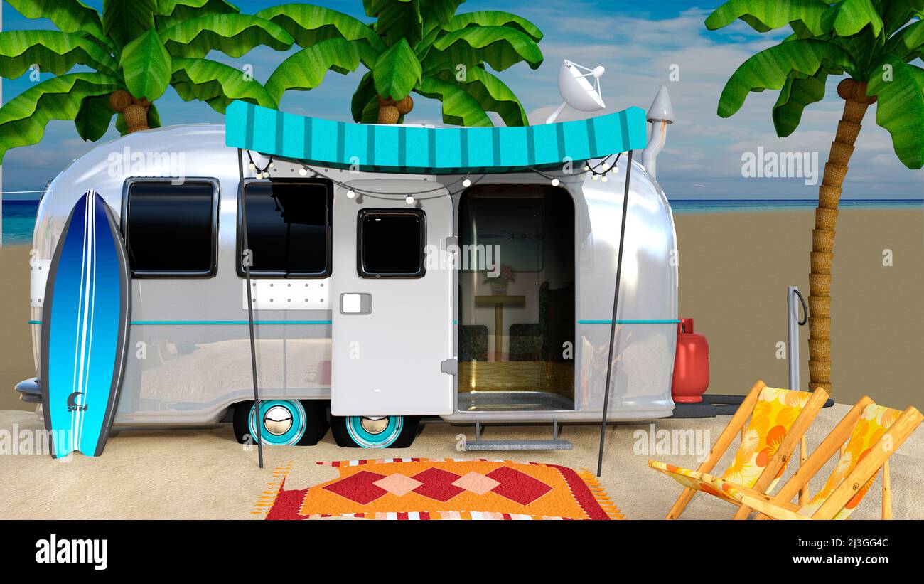 3D rendering of a vintage surf caravan with palm trees, chairs and a ...