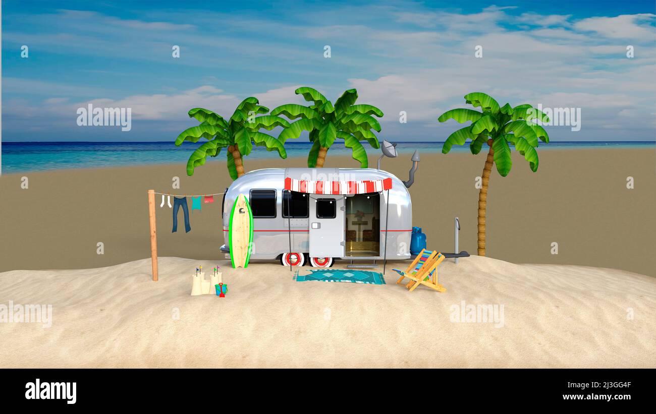 3D rendering of a vintage surf caravan with palm trees, chairs and a ...