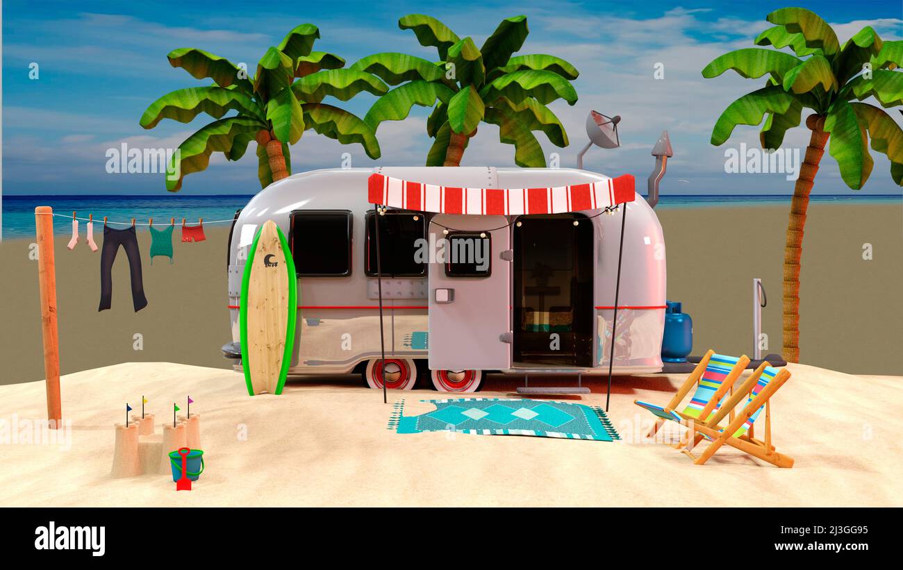 3D rendering of a vintage surf caravan with palm trees, chairs and a ...
