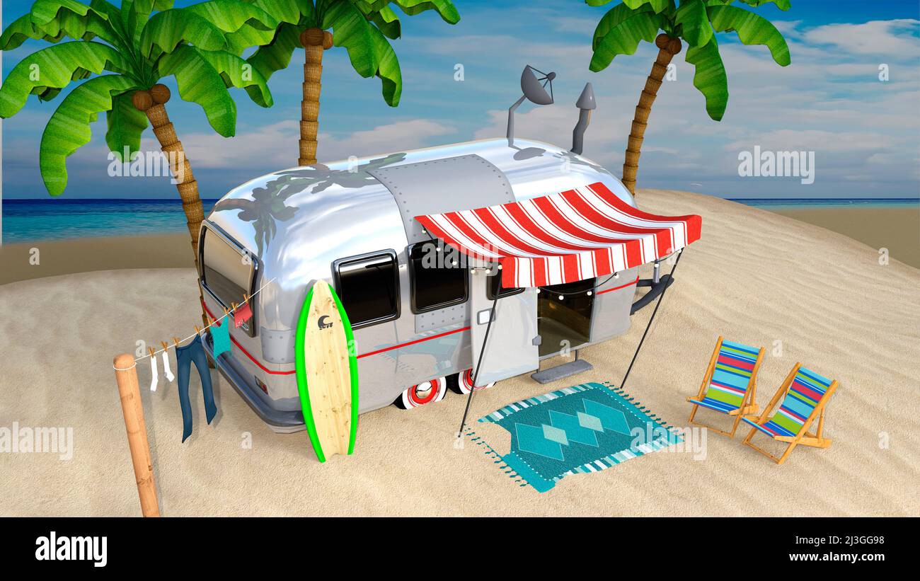 3D rendering of a vintage surf caravan with palm trees, chairs and a ...