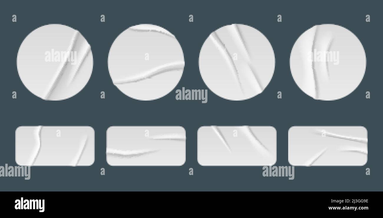 White stickers, glued paper patches and adhesive tapes with wrinkles ...