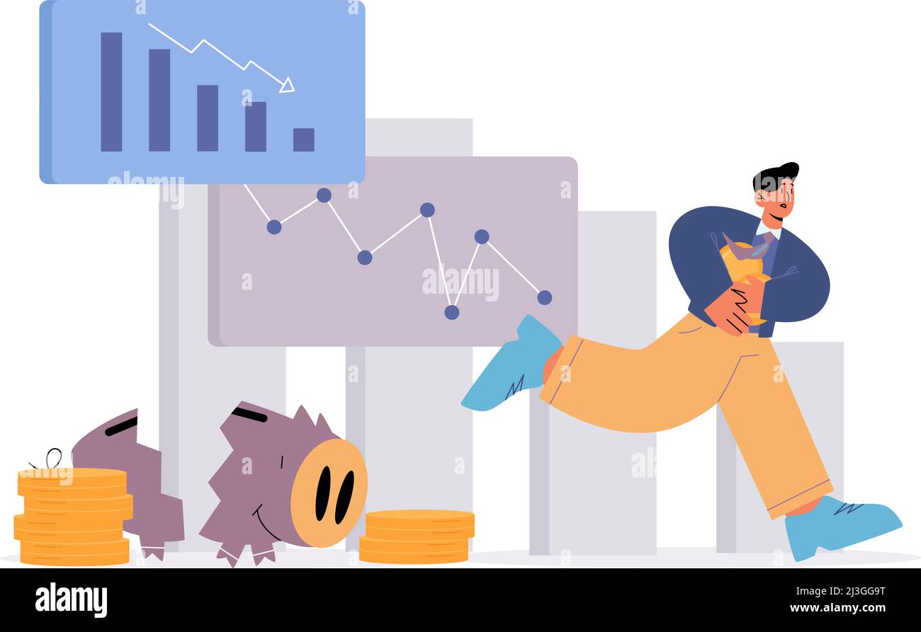 Financial crisis concept with down graph and chart, broken piggy bank ...