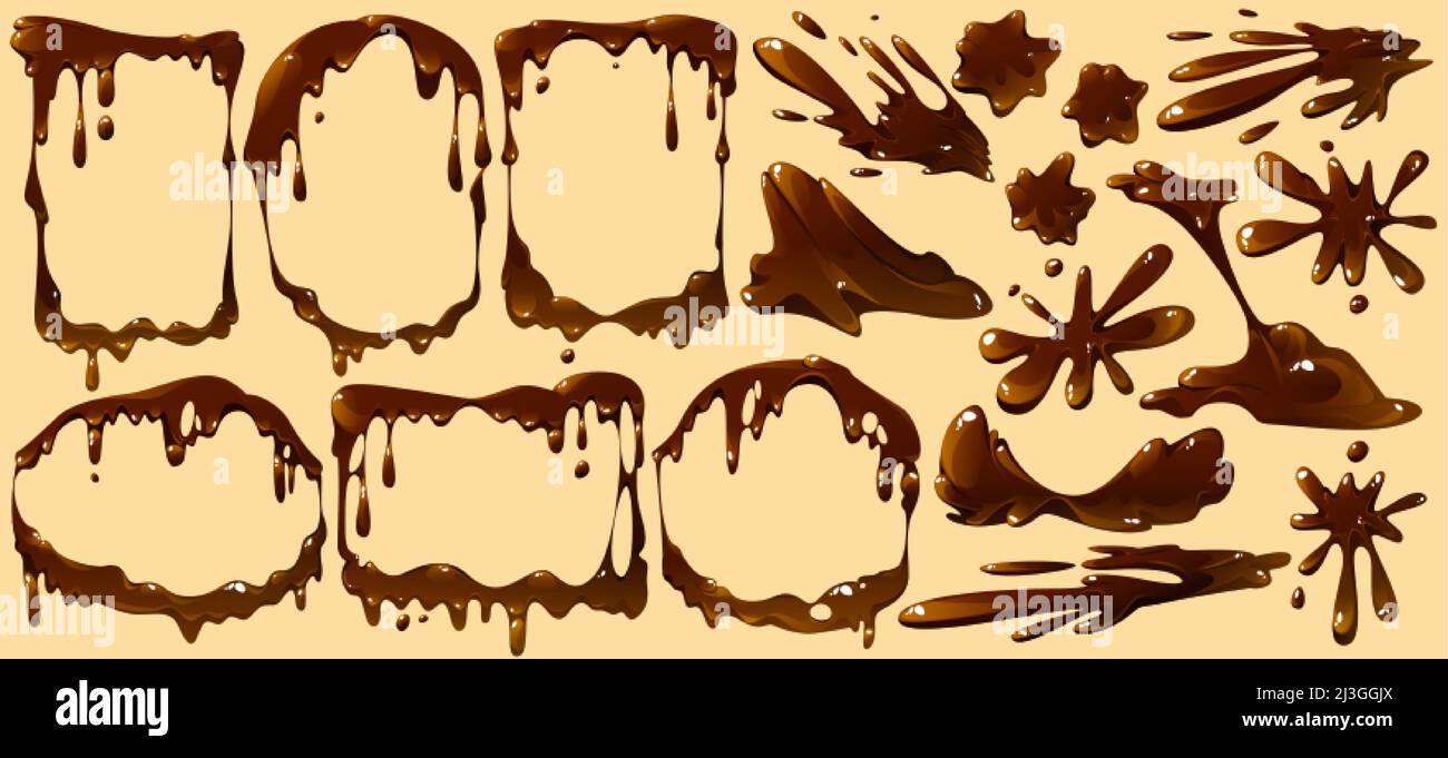 Melt chocolate drips, frames, splashes and sports isolated set. Melted ...