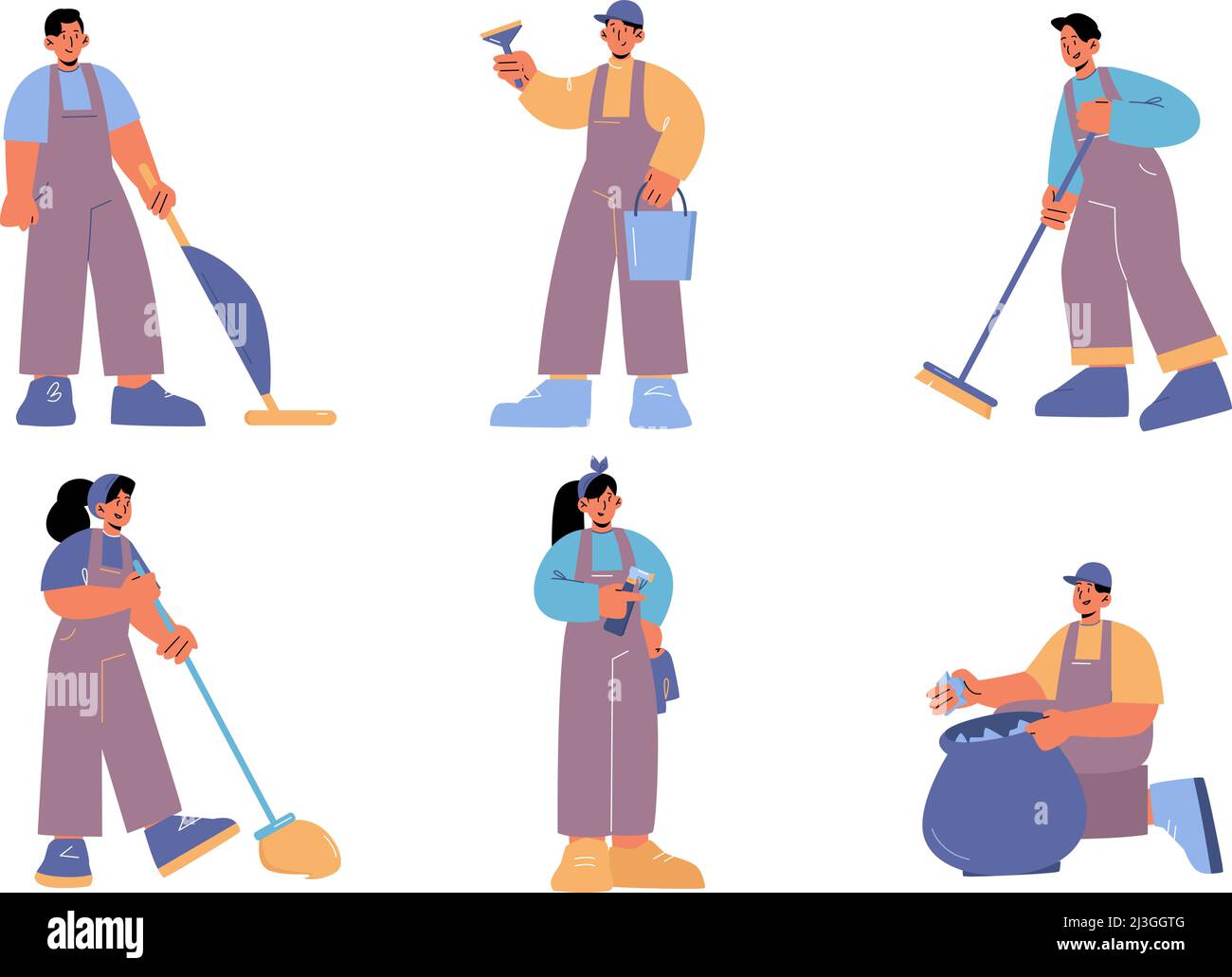 Set of cleaning service characters in uniform work with equipment to ...