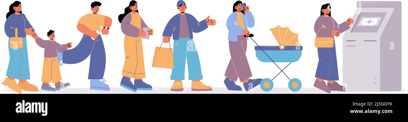 People standing in queue at ATM. Vector flat illustration of bank automated teller machine and ...
