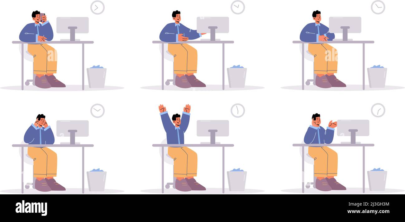 Office worker sitting at desk with computer with different face ...