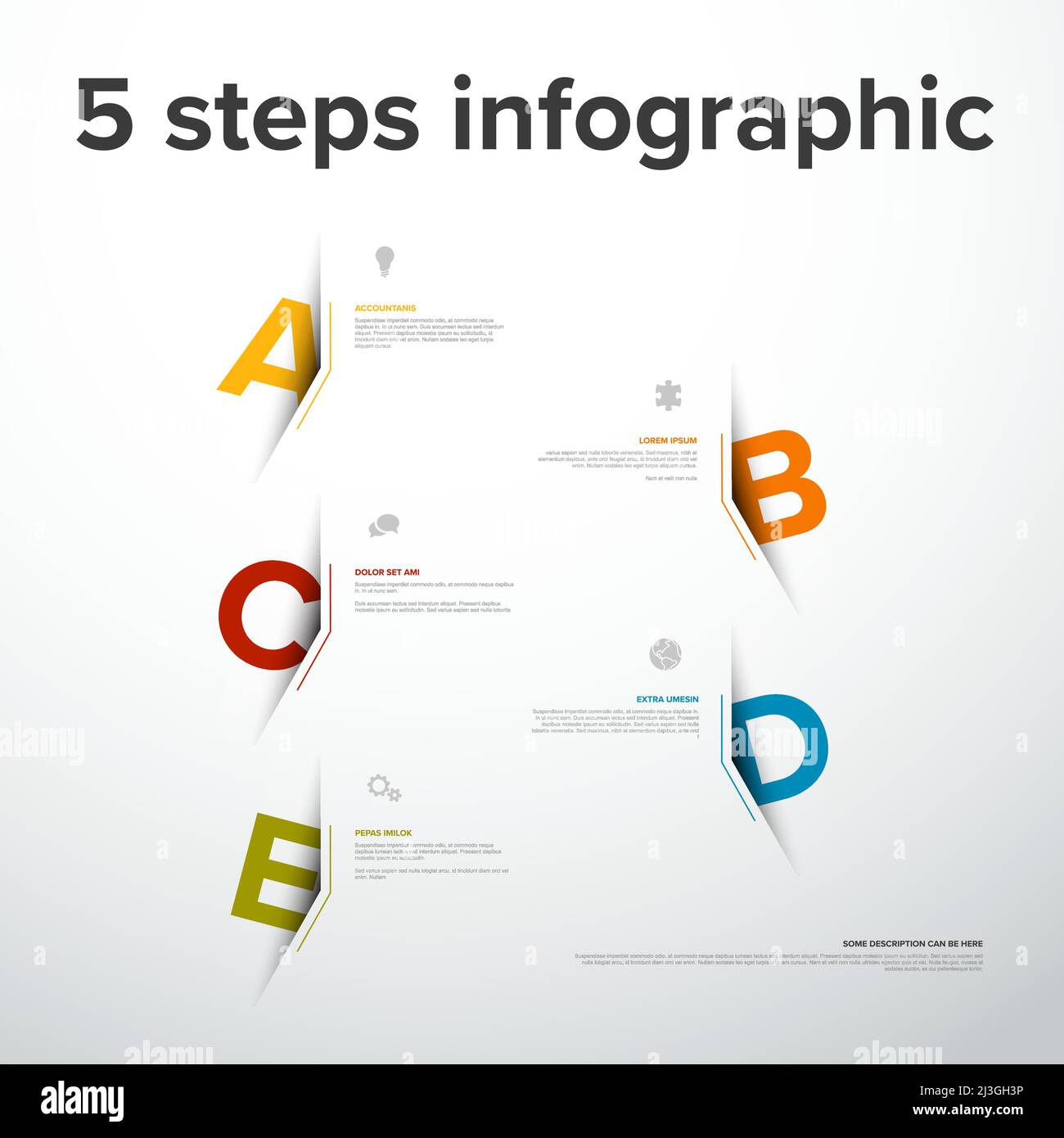 Vector five vertical steps progress template with big arrows and letters with shadow cut from ...