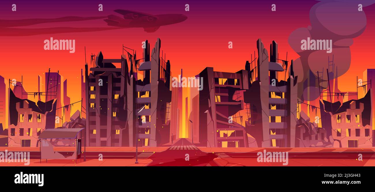 War on Ukraine concept, destroyed Ukrainian city in fire, abandoned ...