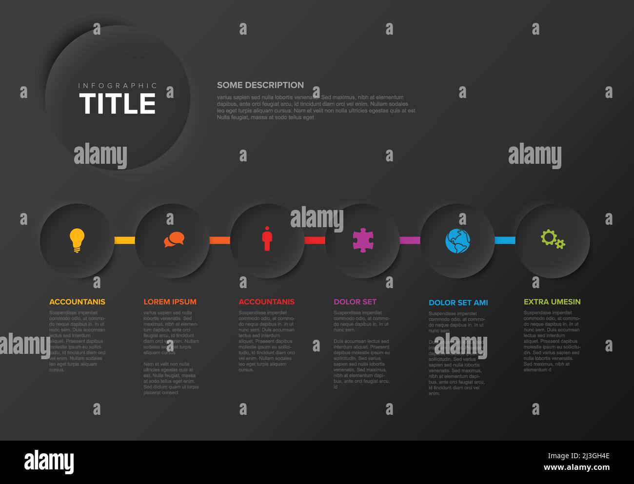 Vector dark progress steps template made from six light relief circles ...