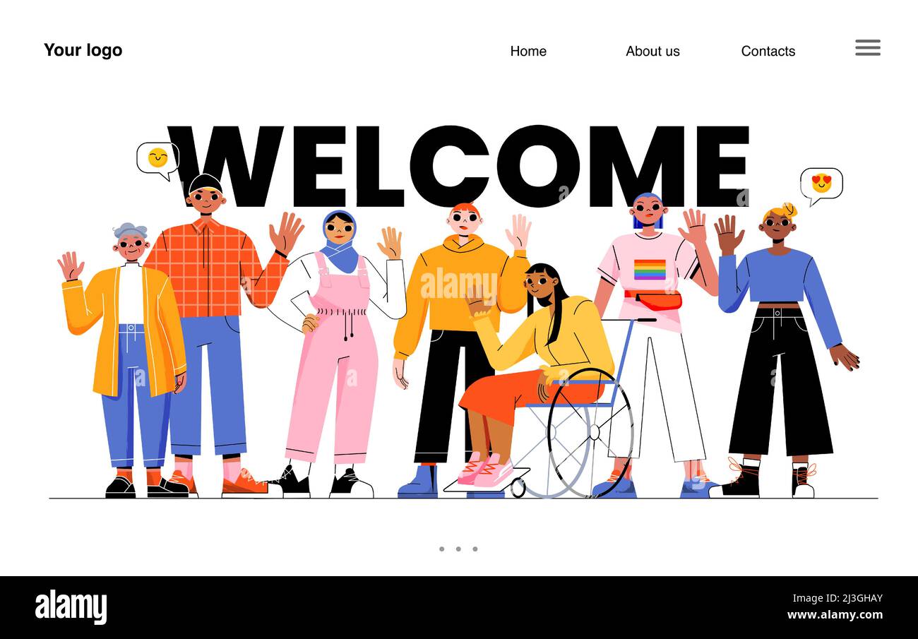 Welcome landing page. Diverse people group, business team, disabled and ...