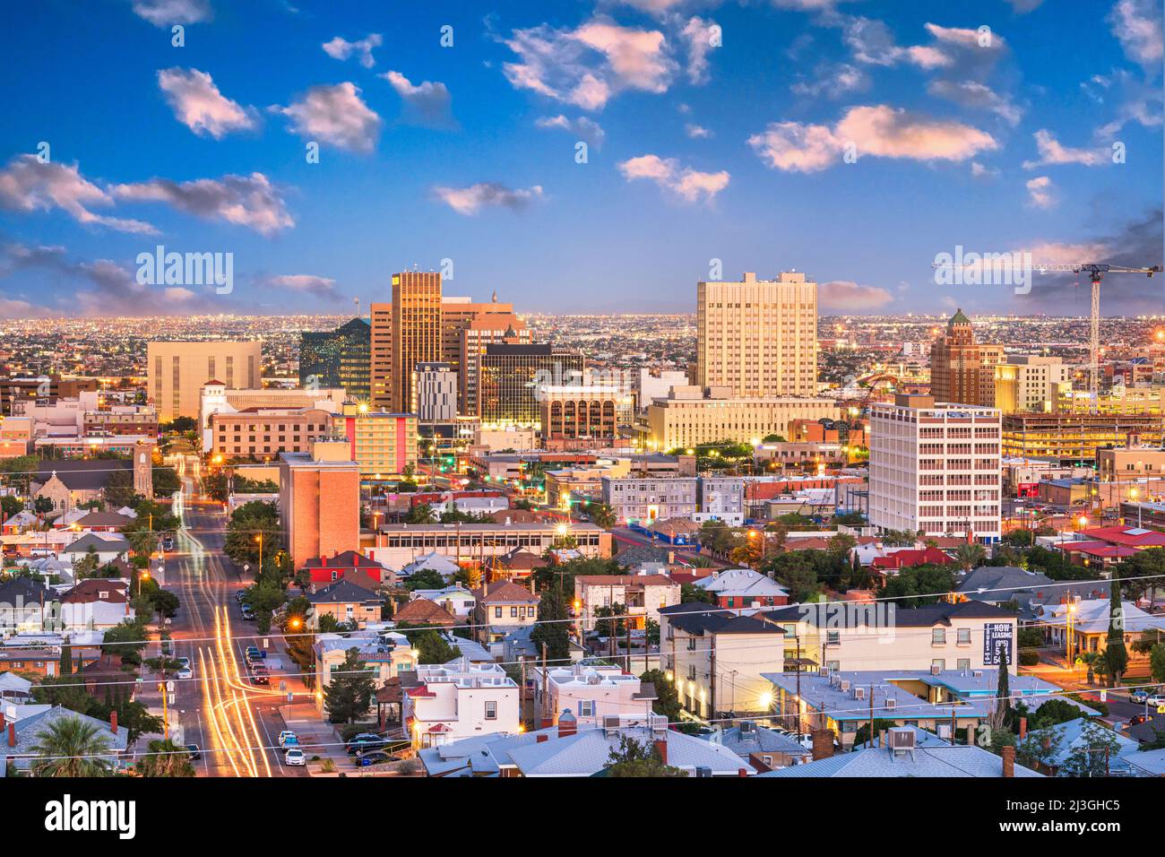 El Paso, Texas, USA downtown city skyline at dusk with Juarez, Mexico ...