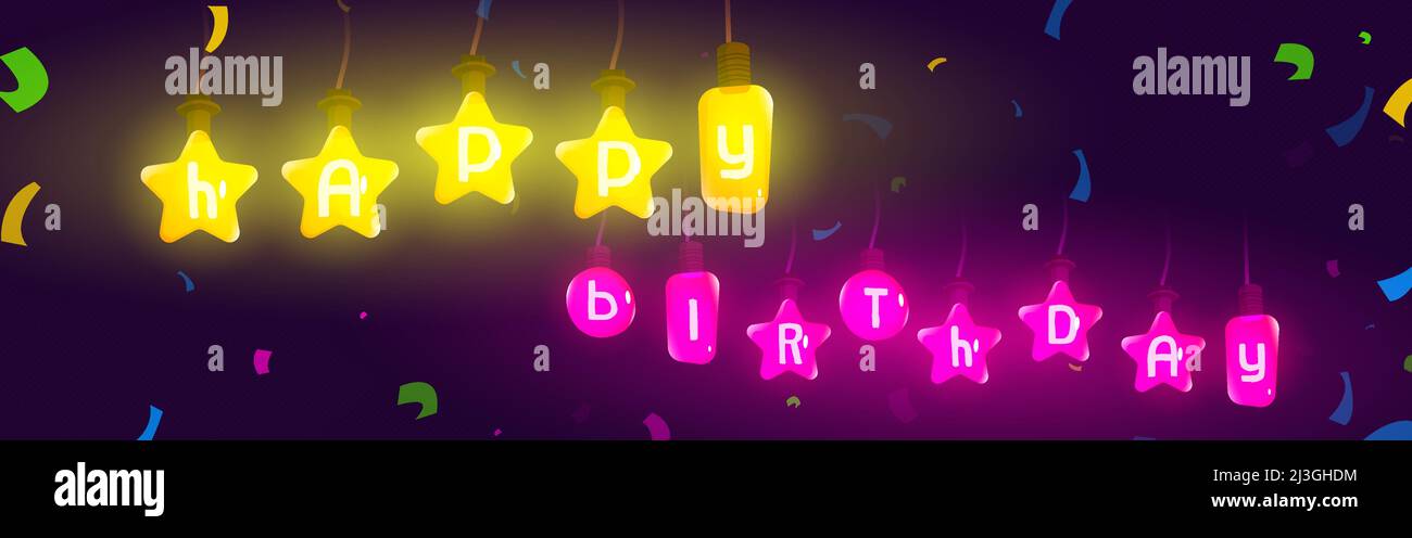 Happy birthday banner or greeting card with colorful hanging light ...
