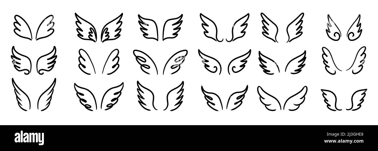 Wings birds and angel. Cartoon doodle bird tattoo wing icon. Feather ...
