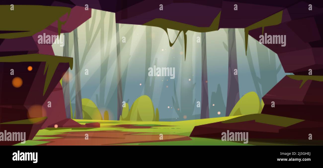 Jungle cave entrance, hole in rock with green trees, grass, moss and ...