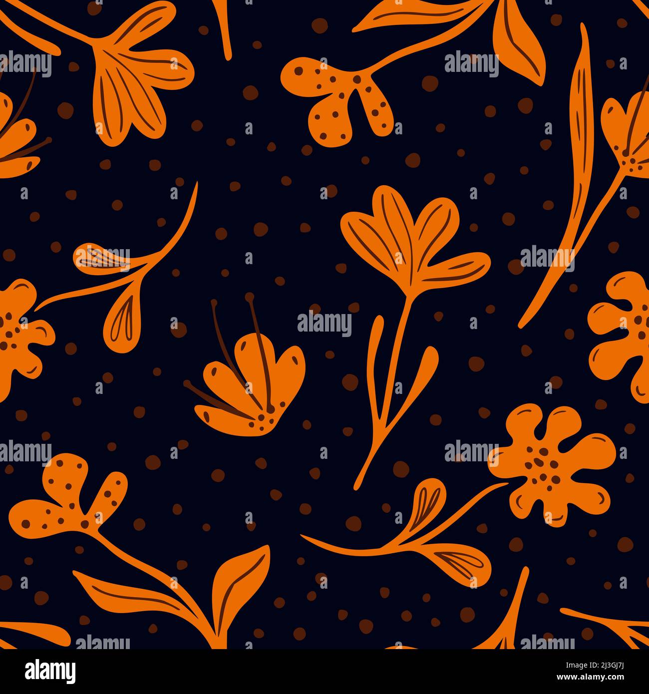 Abstract floral seamless pattern on black background. Orange flowers ...