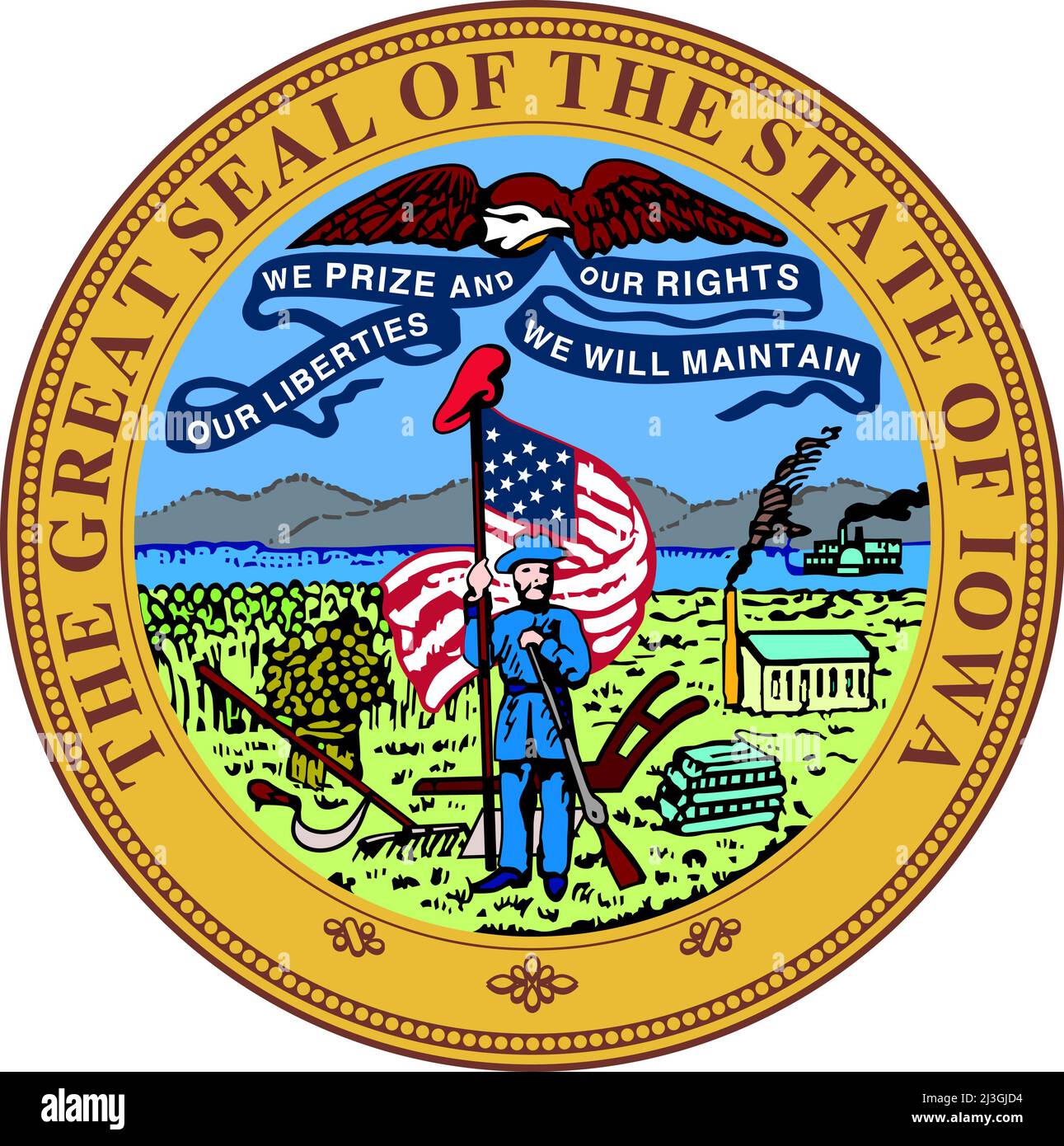 Top view of Great Seal of US Federal State of Iowa. United States of ...