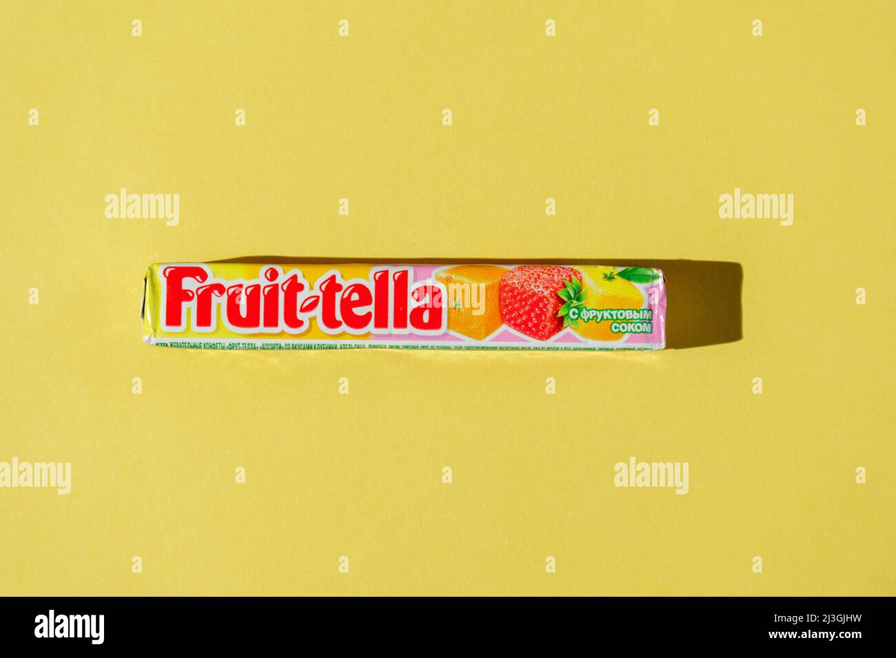Tyumen, Russia-April 03, 2022: Fruittella chewing gum and candy on a ...