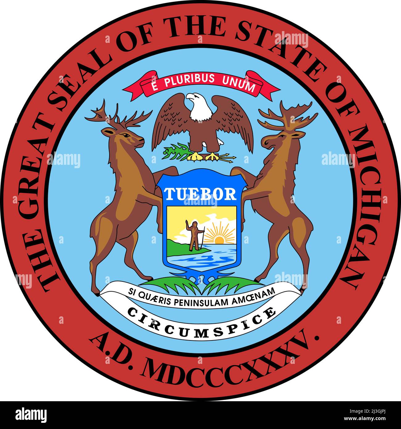 Top view of Great Seal of US Federal State of Michigan. United States ...