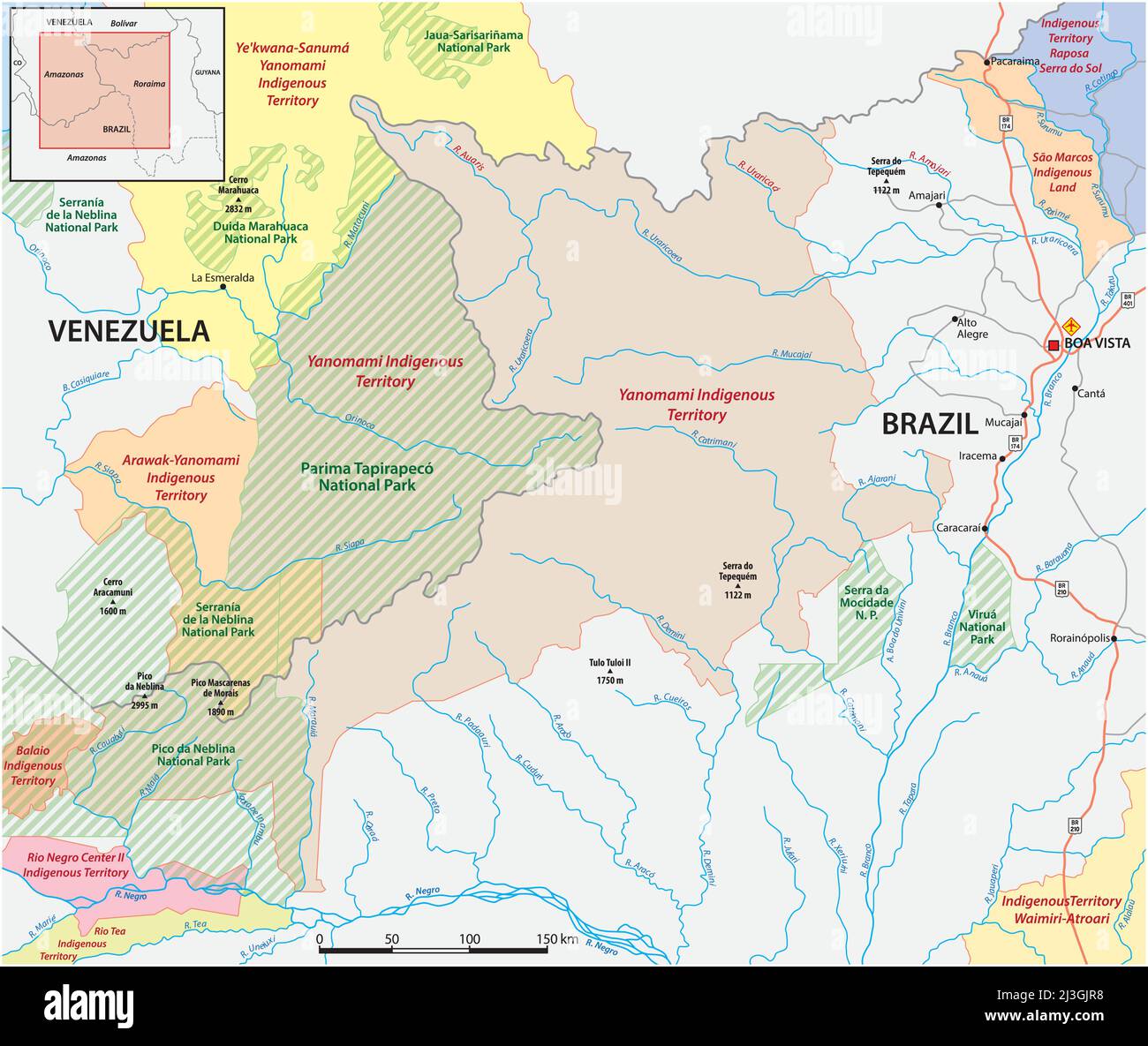 Map of the Yanomami tribal area in the Venezuelan-Brazilian border area ...