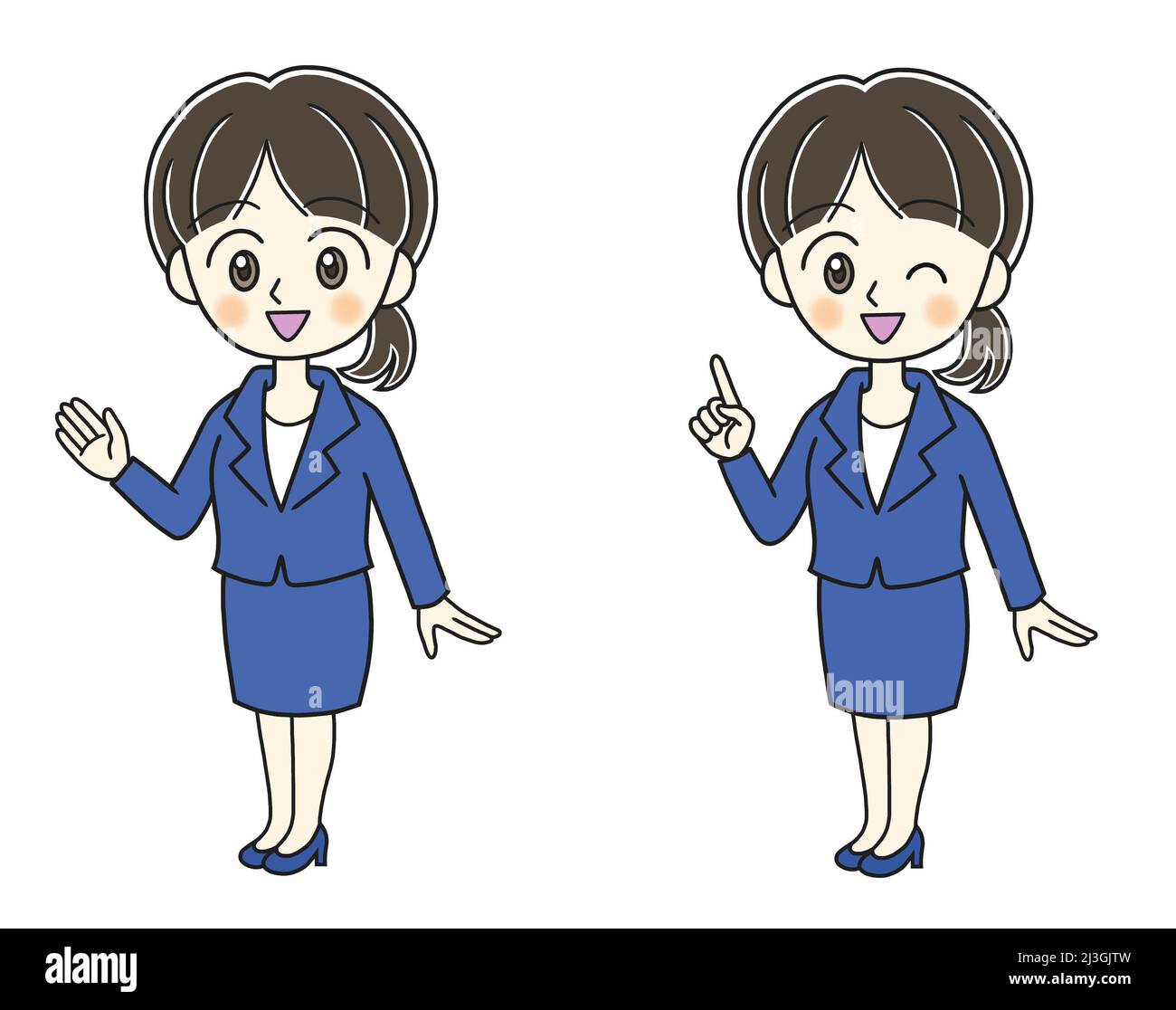 Two poses of a young woman in a blue suit explaining something Stock ...
