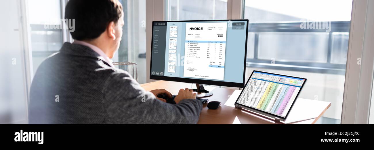 Man Using Finance Spreadsheet Report On Laptop Screen Stock Photo - Alamy