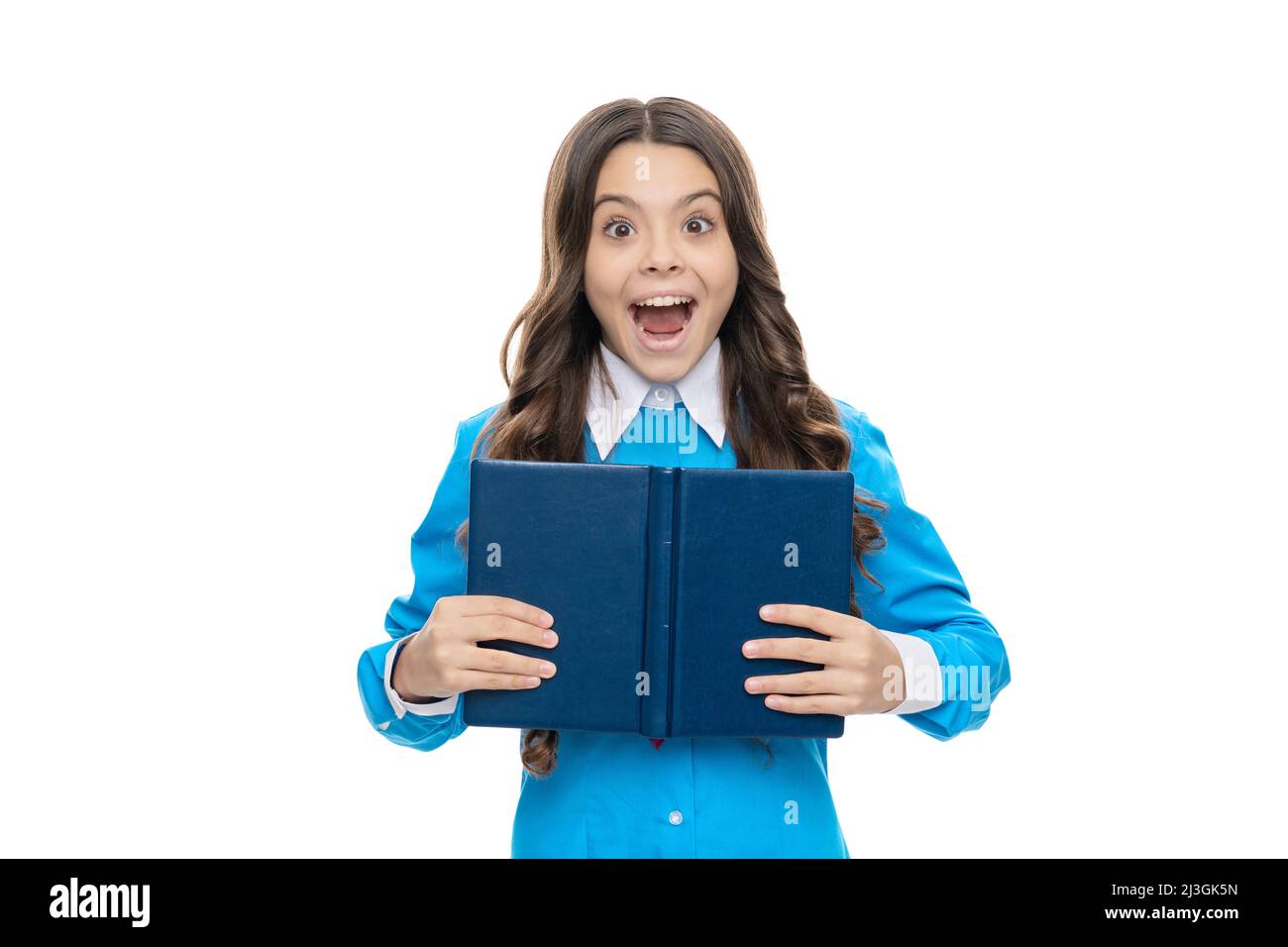 When getting a new book. Happy child hold book. Scholarly library ...