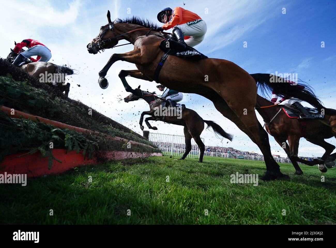 Action from the Betway Mildmay Novices' Chase on Ladies Day at Aintree ...