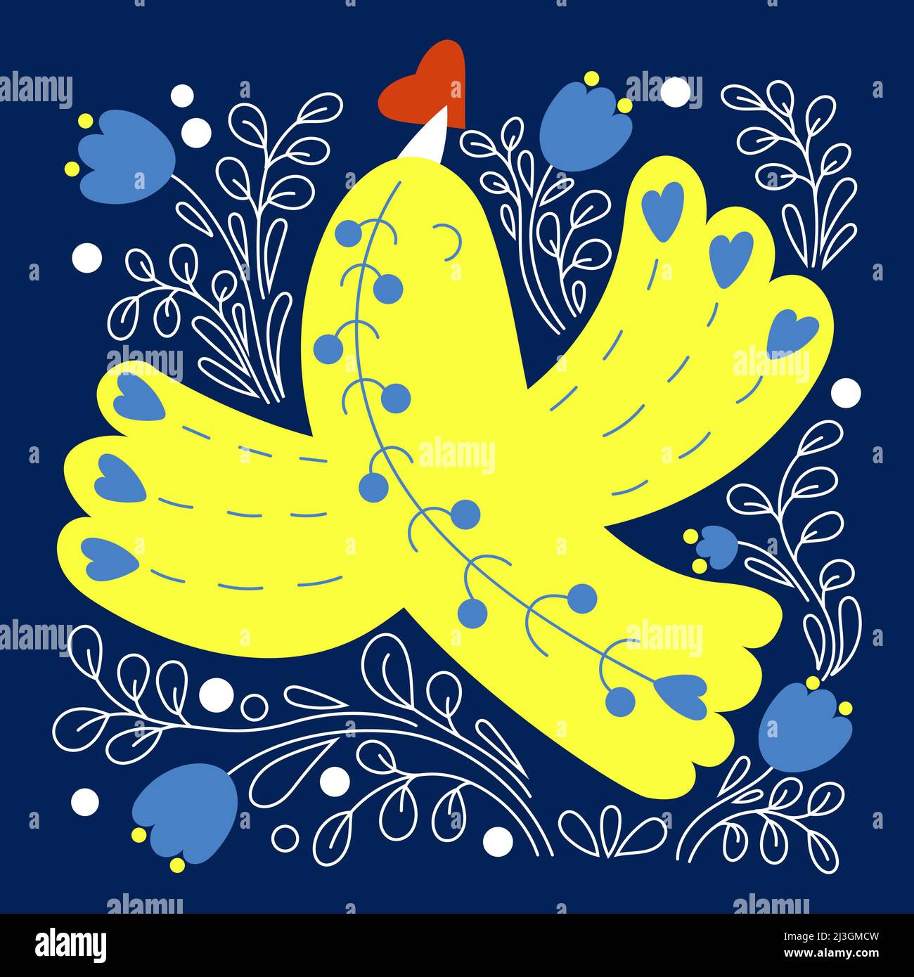 Ukrainian postcard with Yellow-blue bird with heart on blue background ...