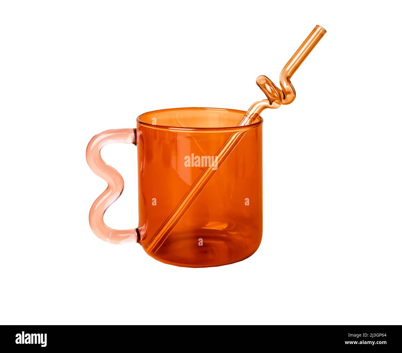 Glass orange cup with twisted handle and straw isolated on white ...