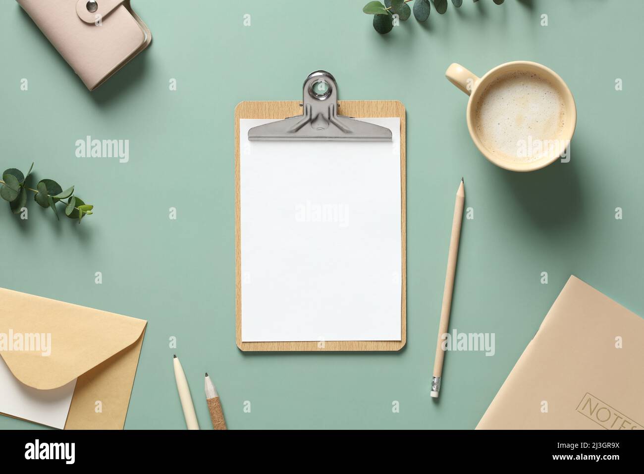 Aesthetic minimal office desk table with clipboard mockup, coffee cup ...