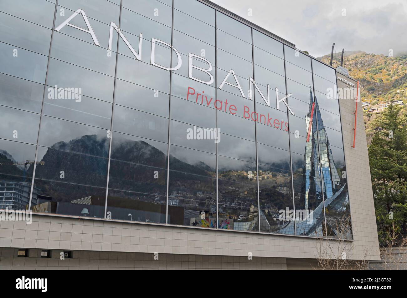 Andorra, Andorra La Vella, downtown, the glass facade of one of the ...