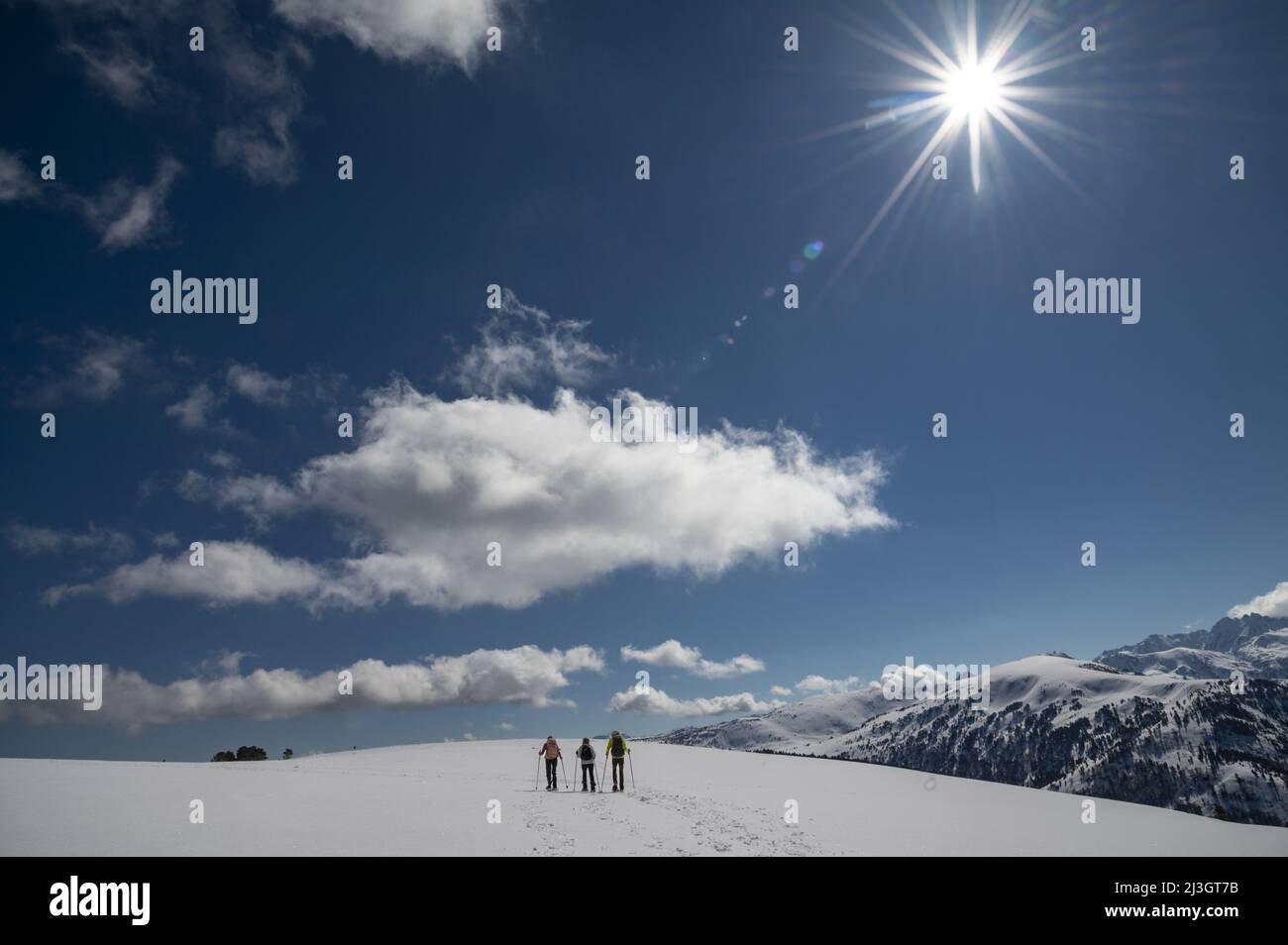 France, Ariege, Pyrenees massif; Les Cabannes, snowshoeing on the ...