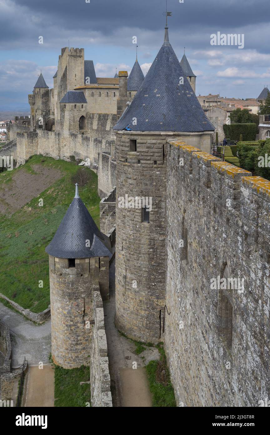 France, Aude, Carcassonne, medieval citadel, the ramparts seen from the ...