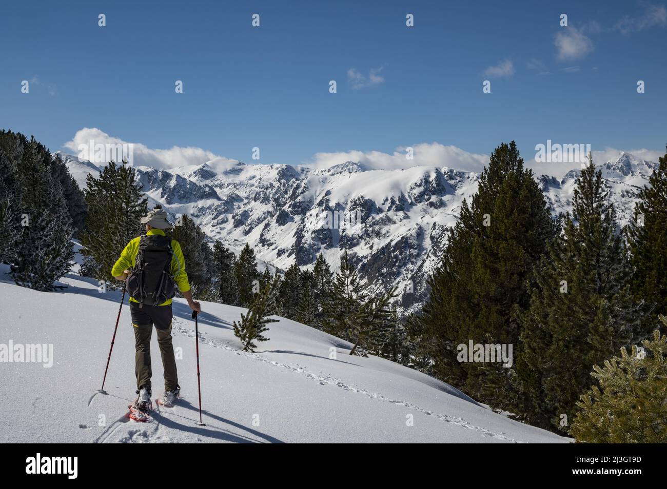 France, Ariege, Pyrenees massif; Les Cabannes, snowshoeing on the Beille plateau, a panoramic ...