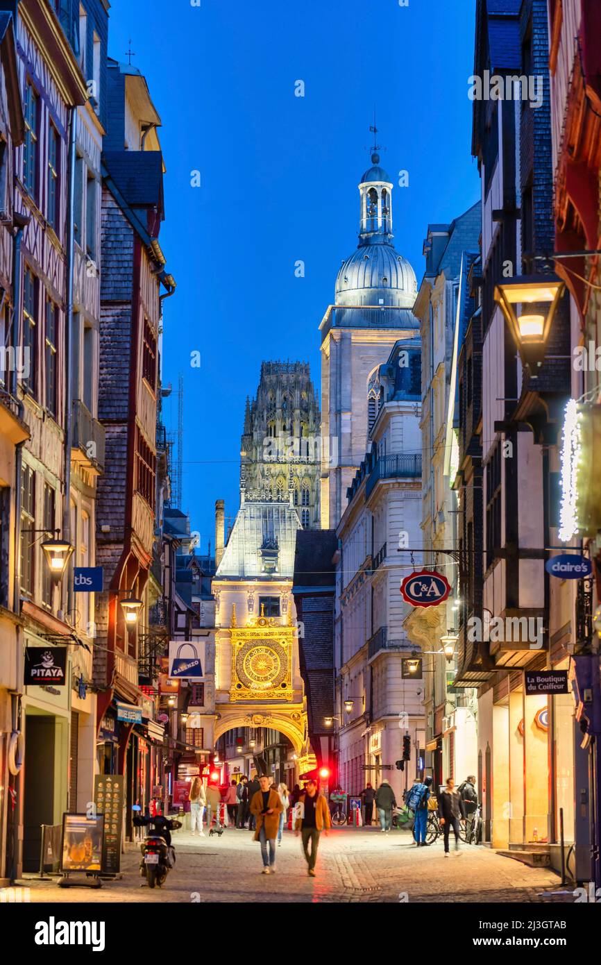 France, Seine Maritime, Rouen, Gros Horloge street, historic 14th ...