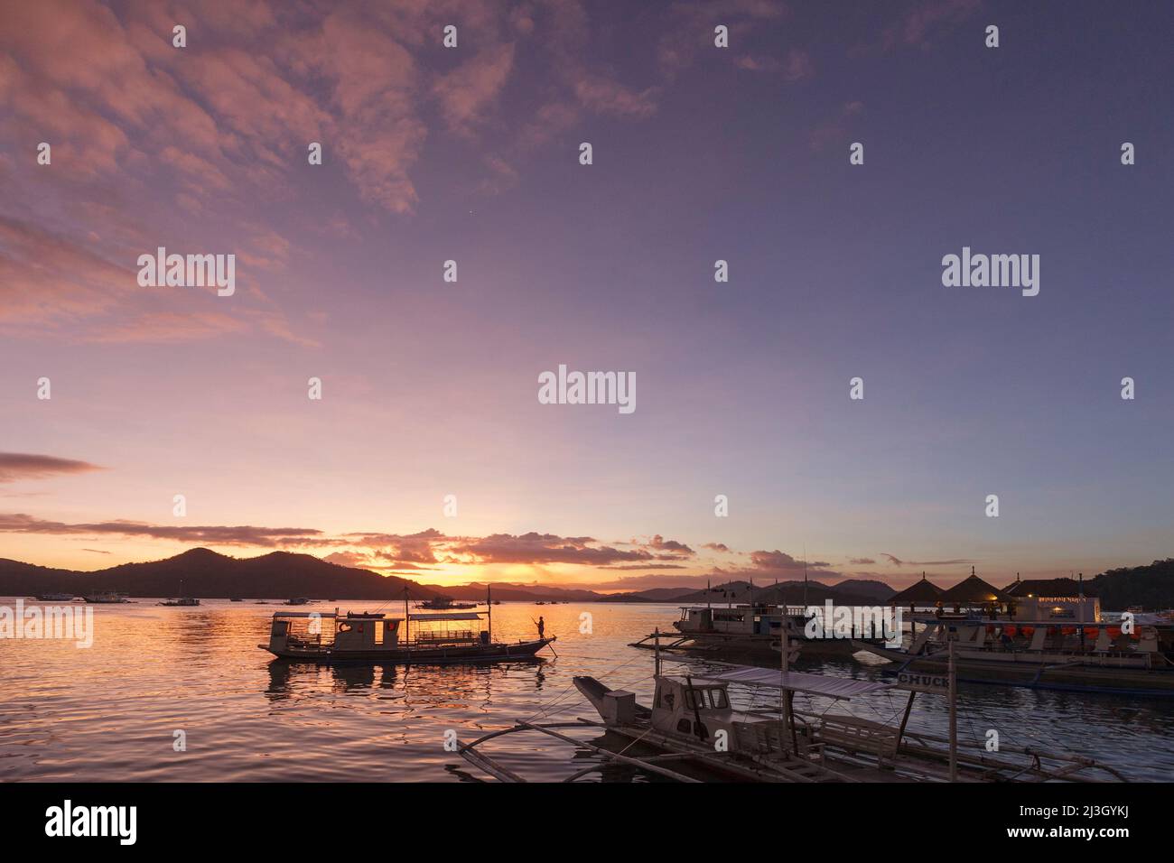 Philippines, Palawan, Calamianes archipelago, Coron Town, sunset over ...