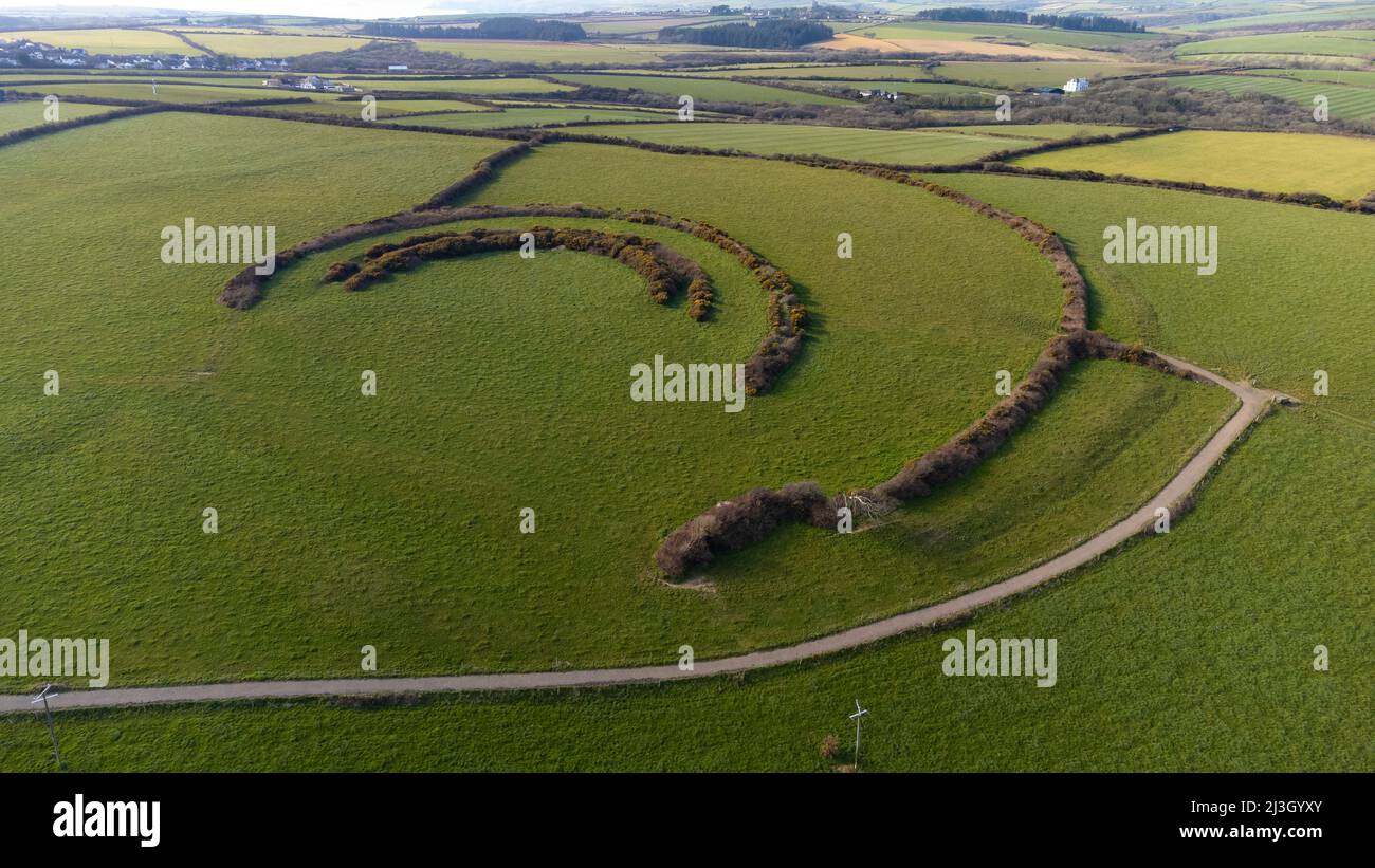Aerial view of Keeston Castle, Partial contour fort, Pembrokeshire ...