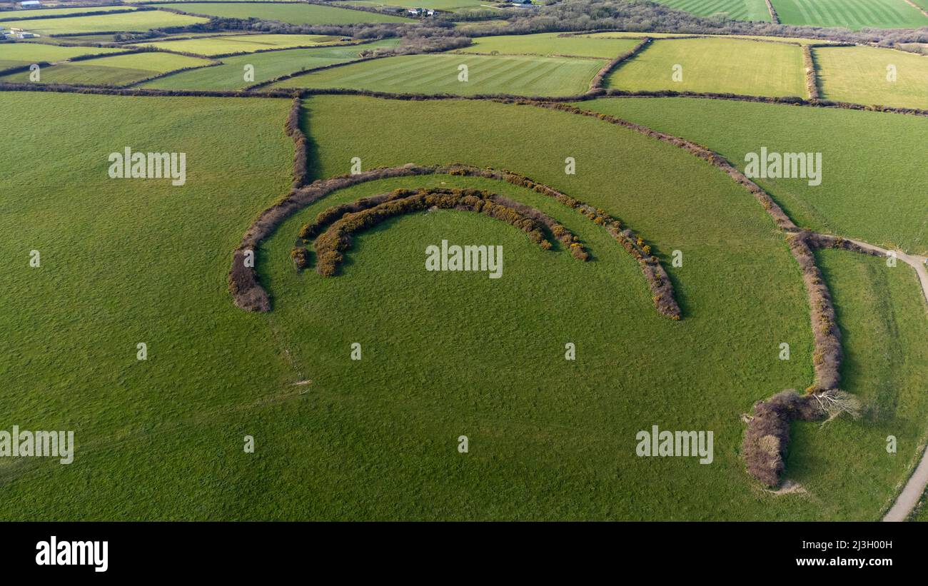 Aerial view of Keeston Castle, Partial contour fort, Pembrokeshire ...
