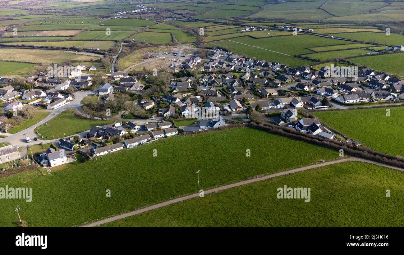 Aerial view of Keeston village, green fields, Pembrokeshire, Wales ...