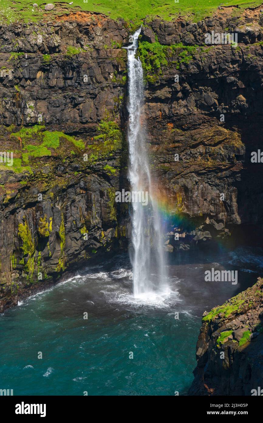 Denmark, Faroe Islands, Mulafossur waterfall, Gasaldur, Vagar Island ...