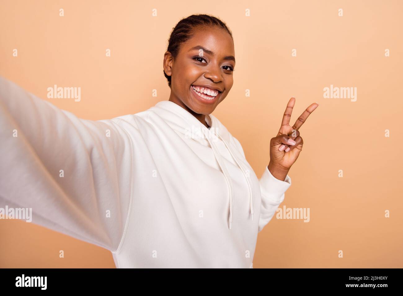 Photo of positive charming person take selfie fingers make v-sign ...
