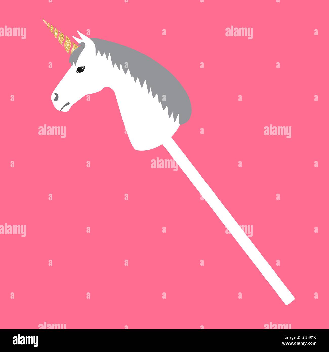 Vector flat cartoon riding hobby horse unicorn isolated on pink ...