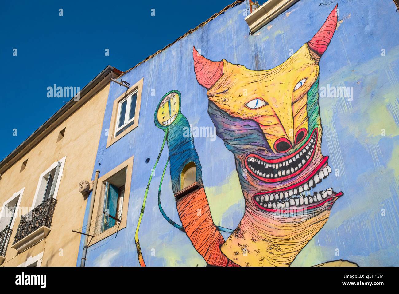 France, Herault, Sete, Quartier Haut, fresco Mythologie by the artist ...