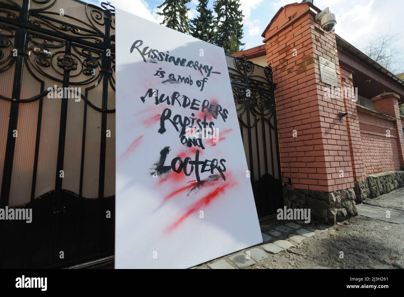 Lviv, Ukraine. 08th Apr, 2022. A banner seen at the Russian Consulate ...