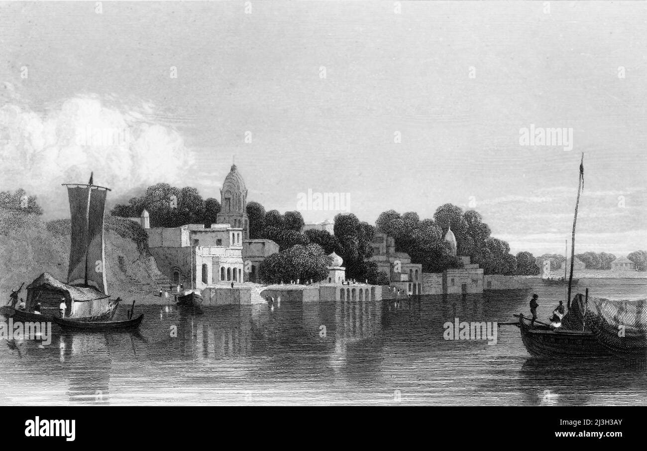 'Cawnpore', 1834. Boats on the river Ganges at Kanpur, Uttar Pradesh ...