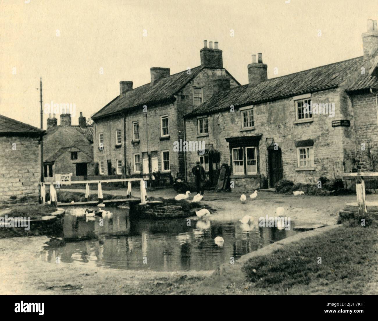 'Cottages by the Village Pond', 1943. British rural scene with ducks ...