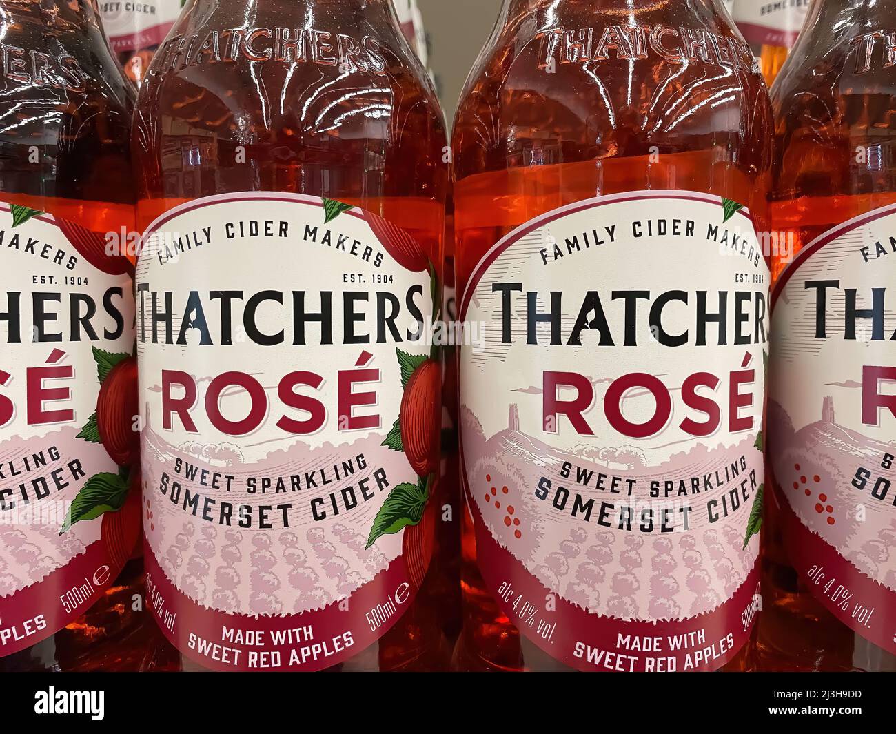 Viersen, Germany - April 5. 2022: Closeup of bottles Thatchers red ...